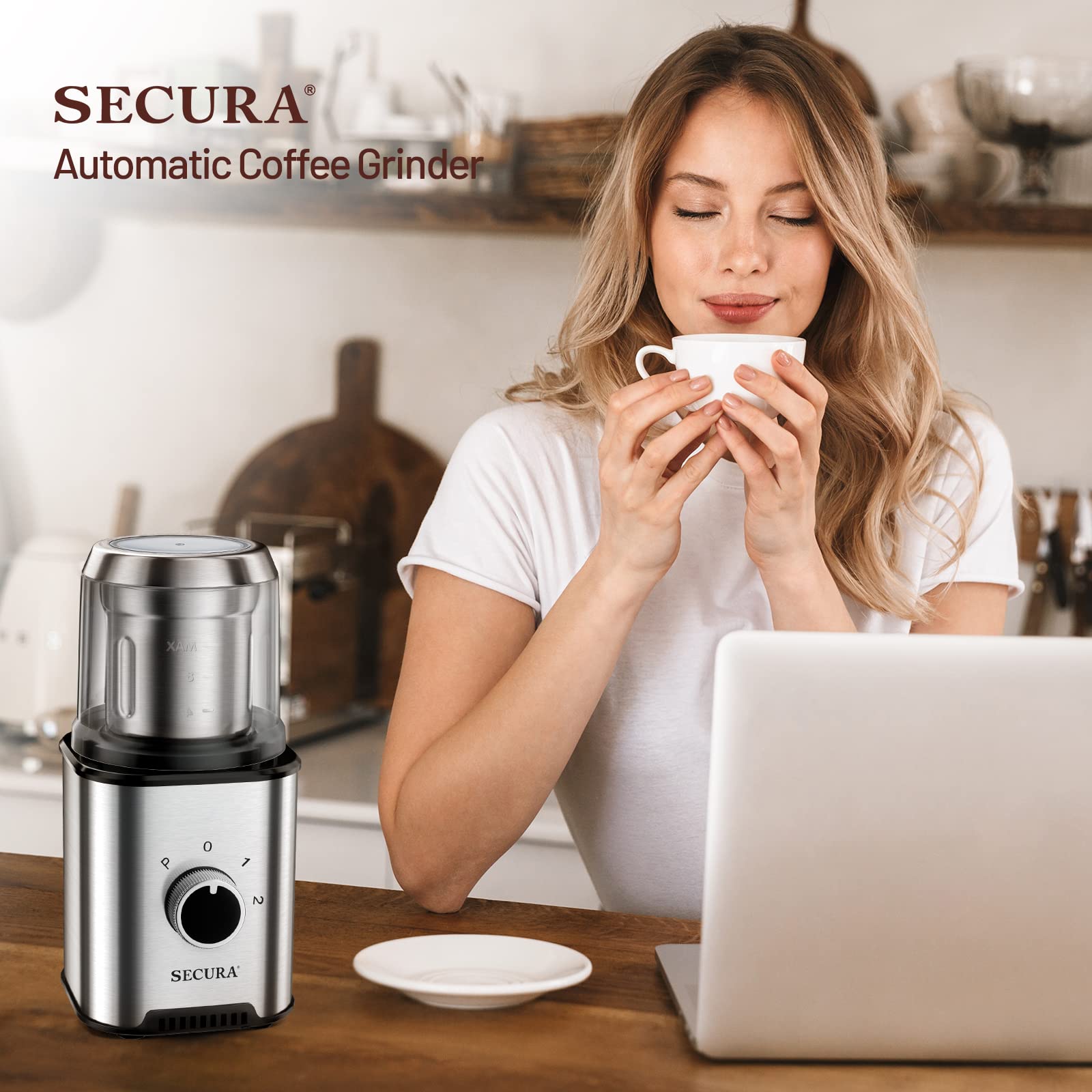 Secura Conical Burr Coffee Grinder, Electric Coffee Bean Grinder with 25 Precise Grind Settings, Stainless Steel Adjustable Burr Mill for Drip Coffee, French Press & Espresso, 2-12 Cups