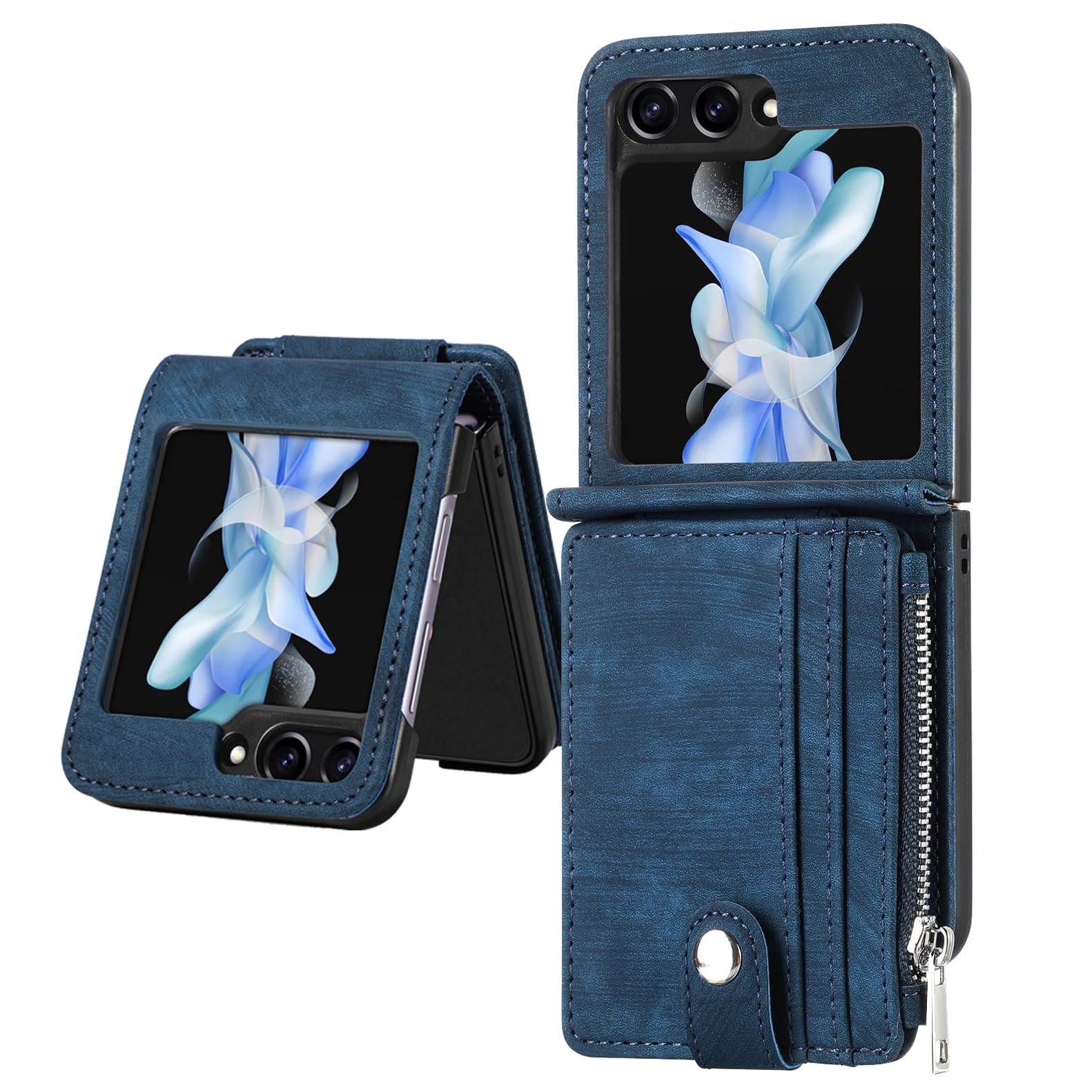 TopFunny Cases for Galaxy Z Flip 5 Wallet Case with Card Holder Retro 2 in 1 Detachable Zipper Flip Wallet Kickstand Premium PU Leather Protective Phone Cover for Samsung Galaxy Z Flip 5 5G 2023 Blue