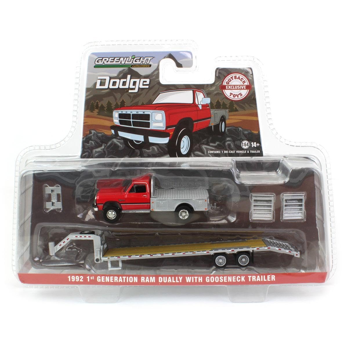Truck 1/64 1992 Dodge Ram 1st Generation Red with Silver Flatbed & Silver Gooseneck Trailer 51387-B