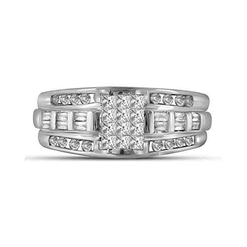 Size - 8.5-10k White Gold Diamond Engagement Wedding Ladies Womens Solitaire Emerald Shape Center Invisible Type Setting Princess, Round & Baguette Cut Diamond Ring 6mm (1/2 cttw)
