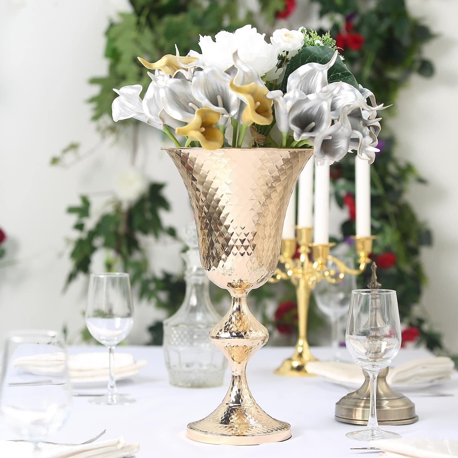 TABLECLOTHSFACTORY 16" Gold Hammered Style Metal Trumpet Vase Centerpiece Gold Vase Dining Room Coffee Table Decorative Centerpiece