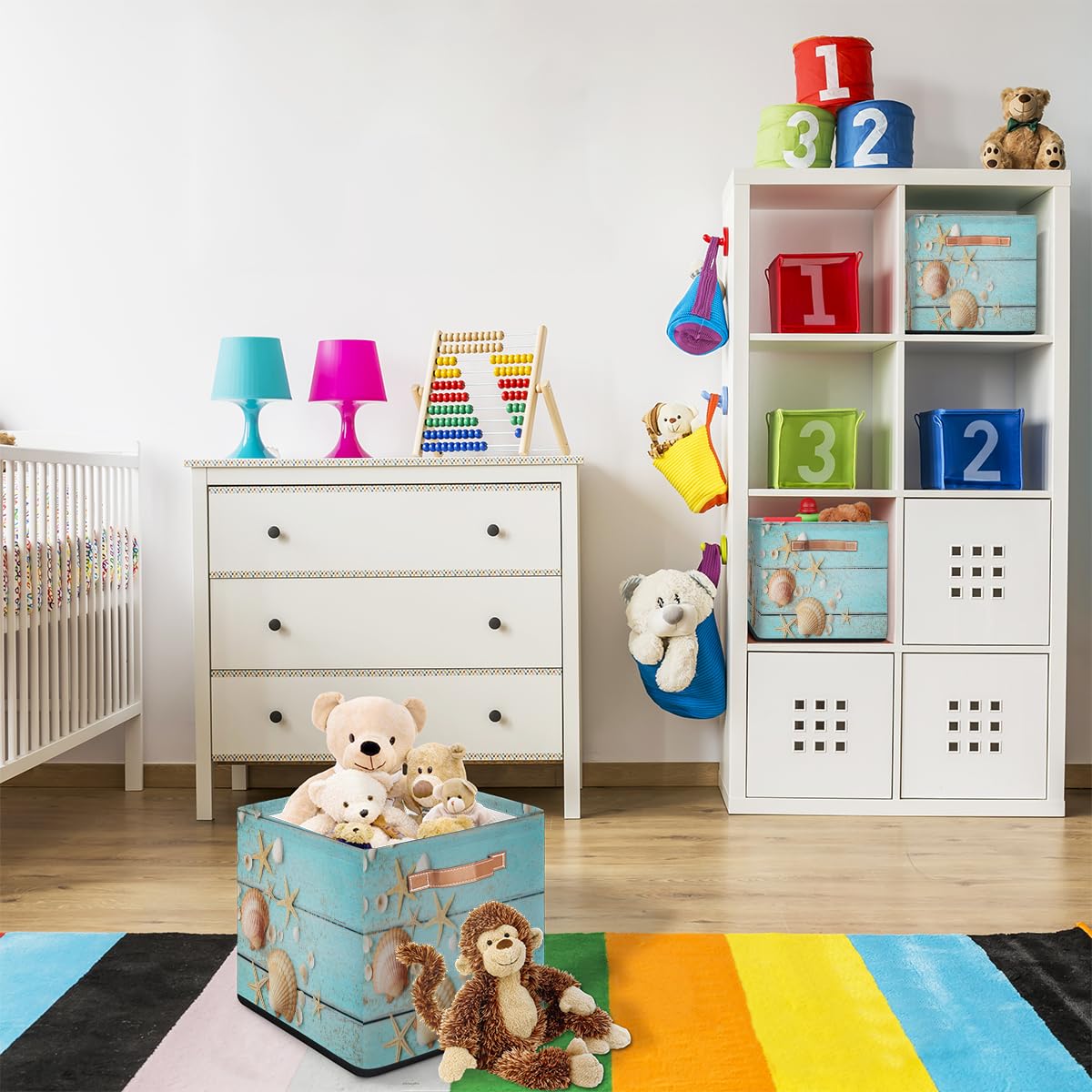 Summer Seashells Cube Storage Baskets Fabric Seashells Border on Sand Storage Bins Boxes Collapsible Organizer Bin with Handles for Shelves,Toys, Towels, Closet,Shelf Basket