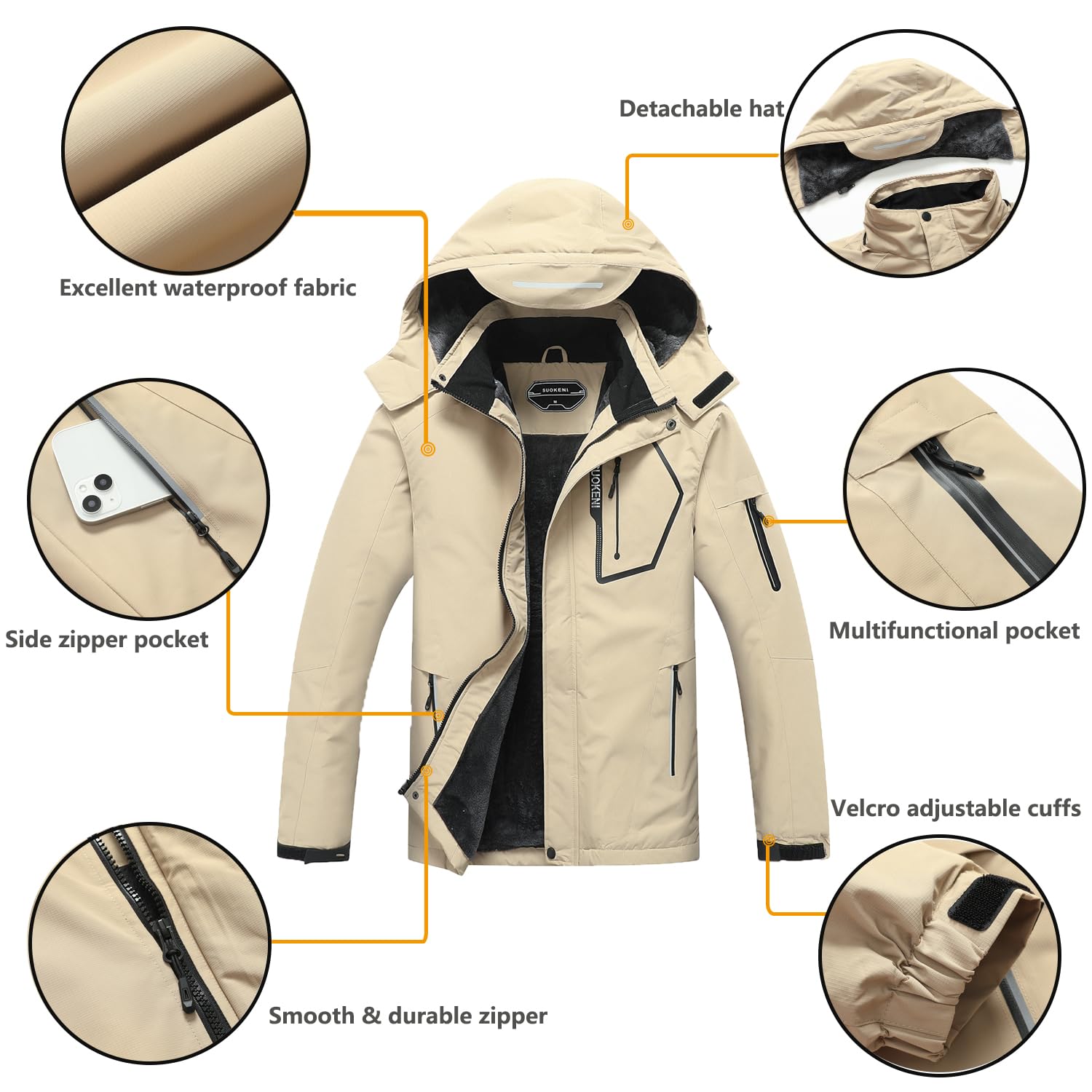 SUOKENI Men's Waterproof Ski Jacket Warm Winter Snow Coat Hooded Raincoat