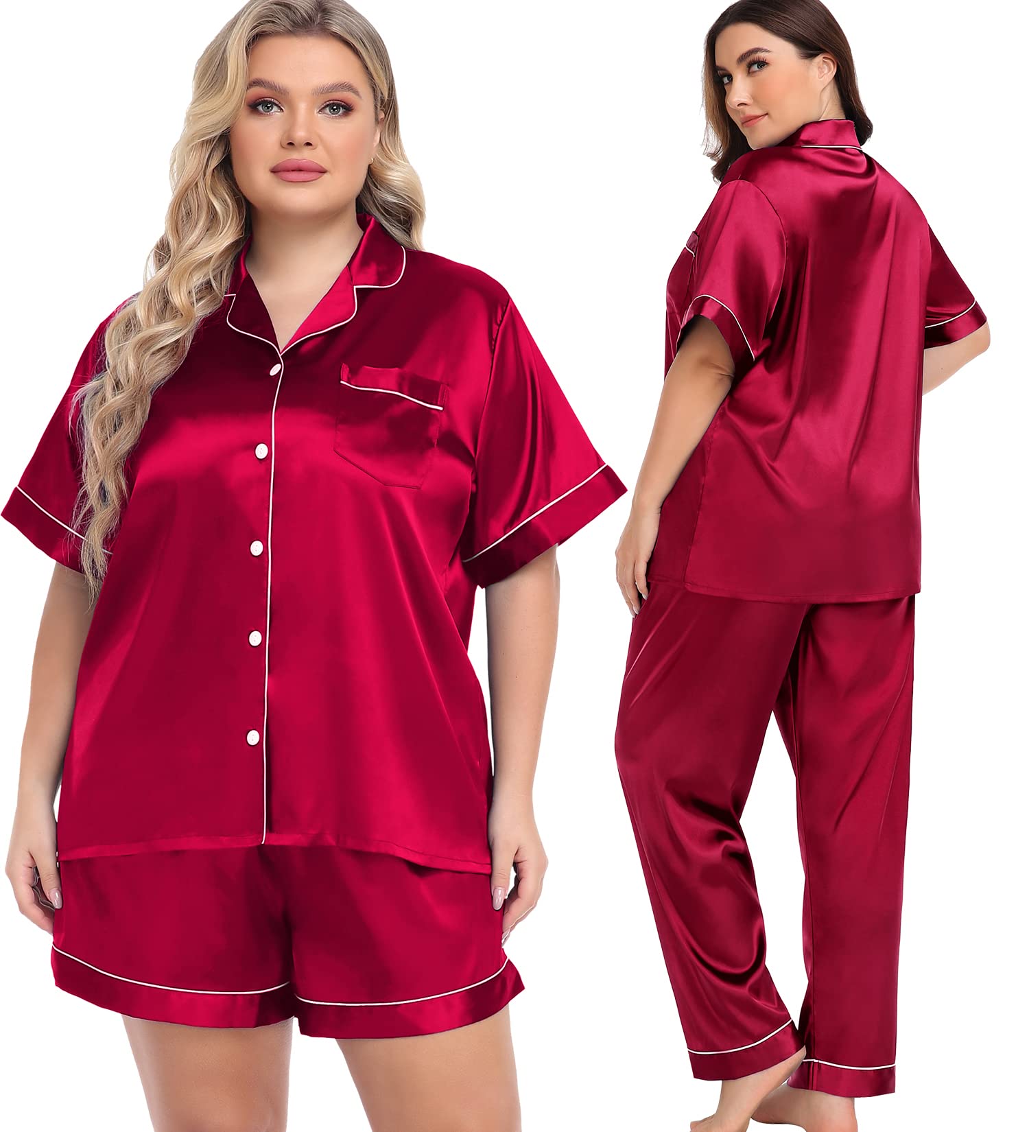 SWOMOG Womens Silk Satin Pajamas Set 3pcs Summer Pj Sets Plus Size Loungewear Button-Down Loose Rose Pink Sleepwear 18W