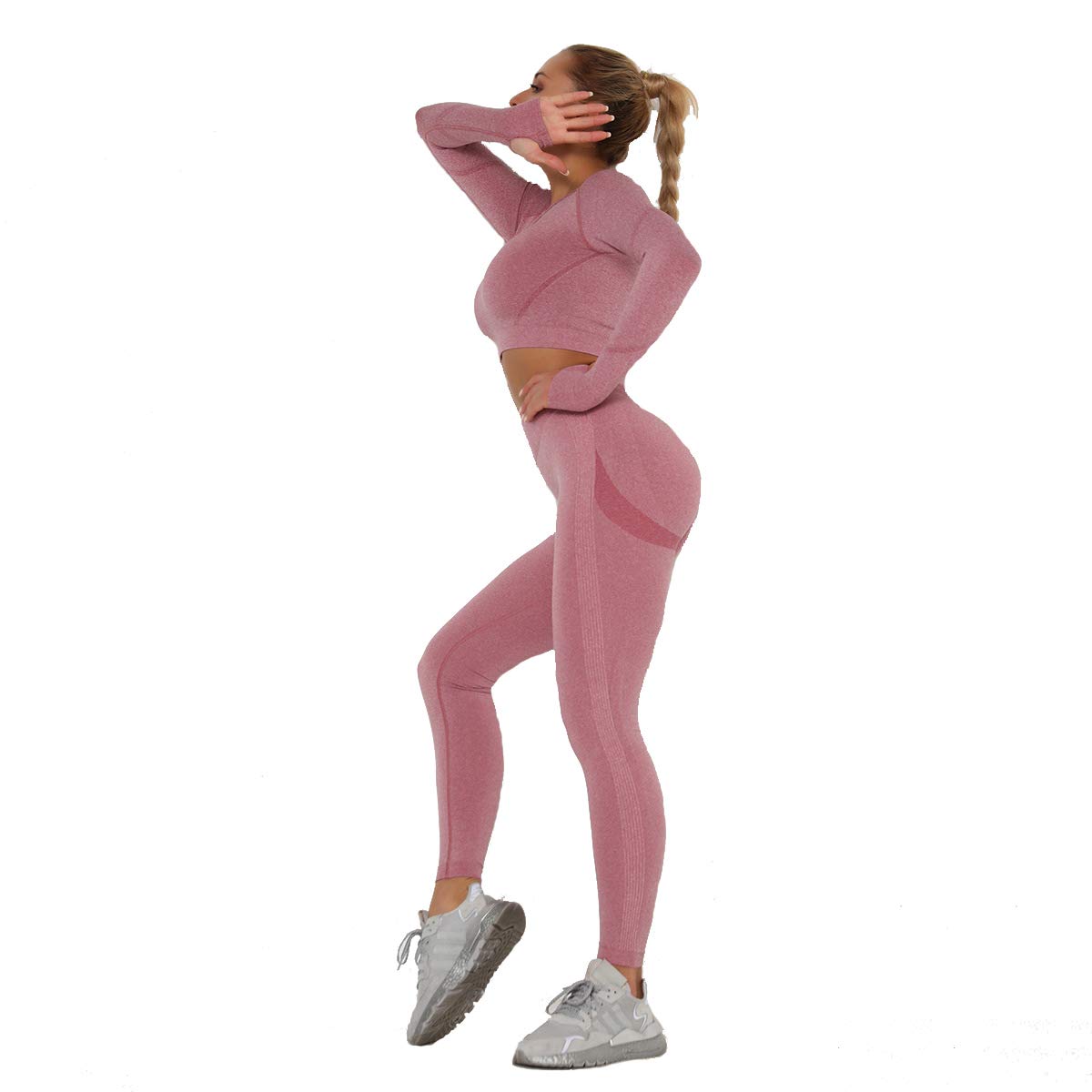 Workout Sets for Women 2 piece Long Sleeve and High Waist Leggings Pink