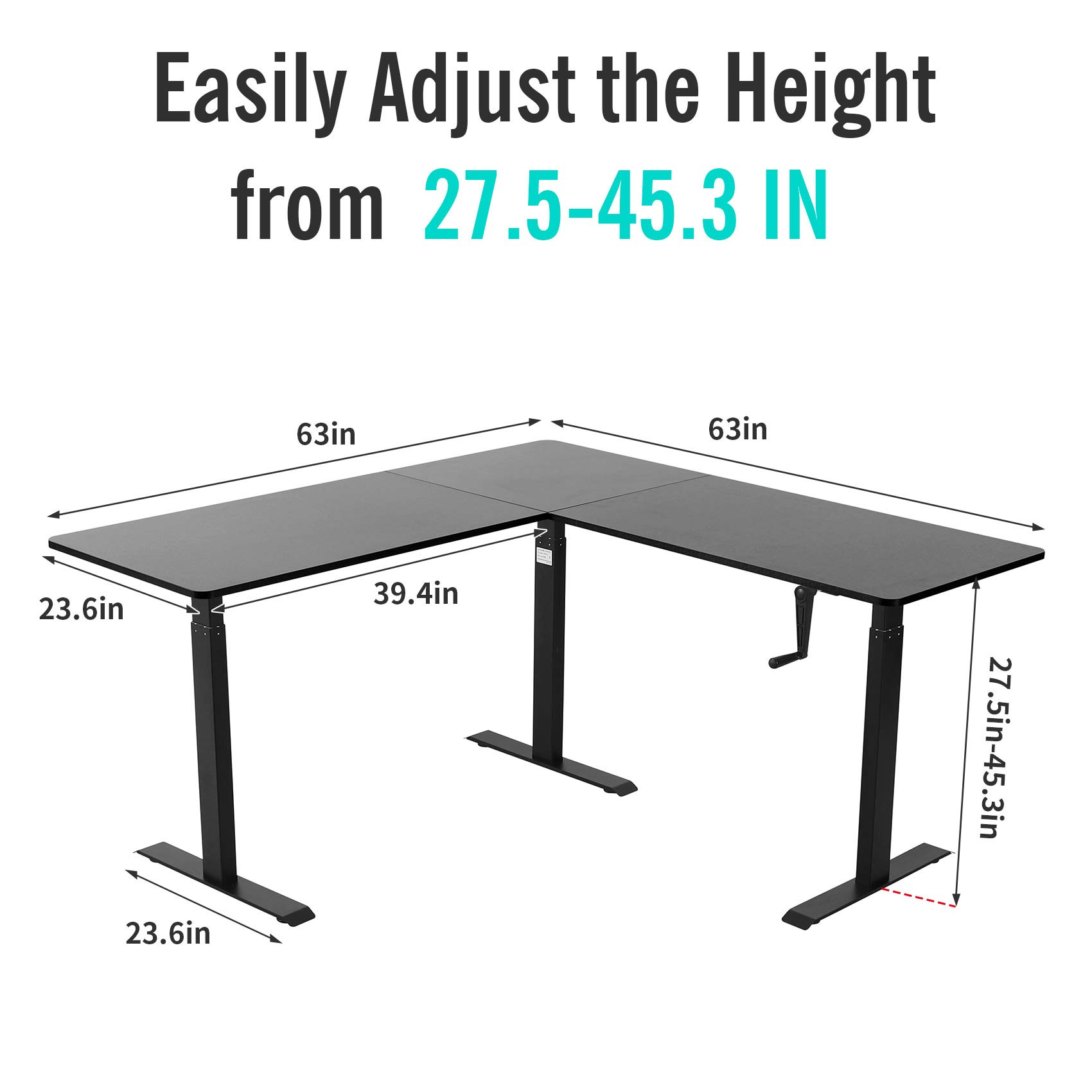 UNICOO – L Shaped Crank Height Adjustable Standing Desk, Sit to Stand up Corner Desk, L-Shaped Standing Workstation (Black Frame/Black Top - L Shape Crank)