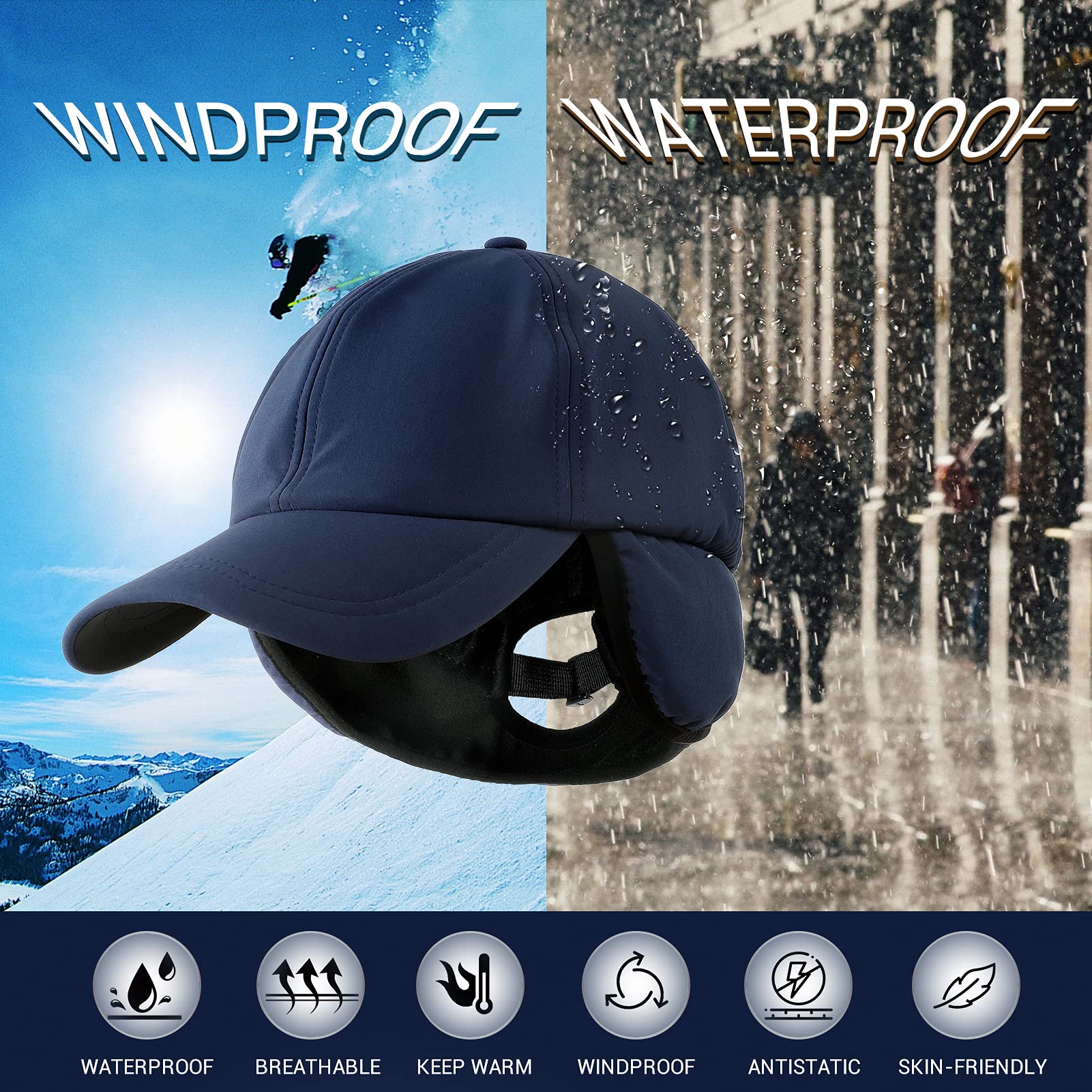 Womens Winter Baseball Cap with Earflaps Fleece Lined Warm Waterproof Hat Mens Outdoor Adventure Adjustable Cap