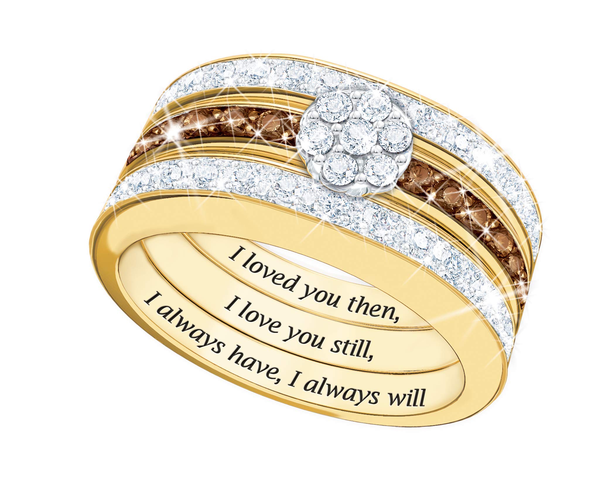 The Danbury Mint I Love You Always Diamond Gold Ring Set – Stacked Bands – 14kt Gold-Plated – Genuine White and Mocha Diamonds – Sentimental – Elegant Romantic Gift (Gold, 9) #5215-003