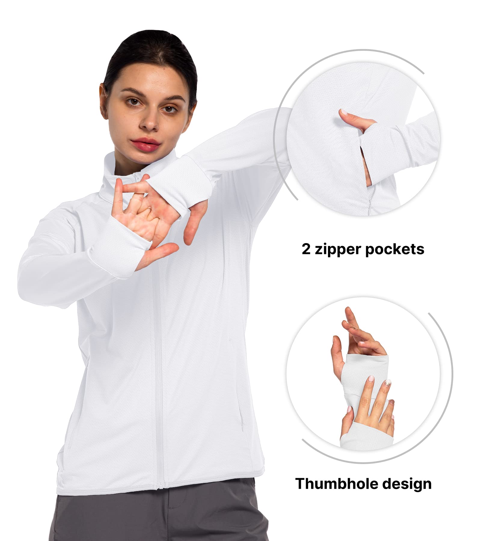 Women UPF 50+ UV Sun Protection Shirt Long Sleeve Golf Light Jacket SPF Hiking Running Shirts with Zip Pockets White XL