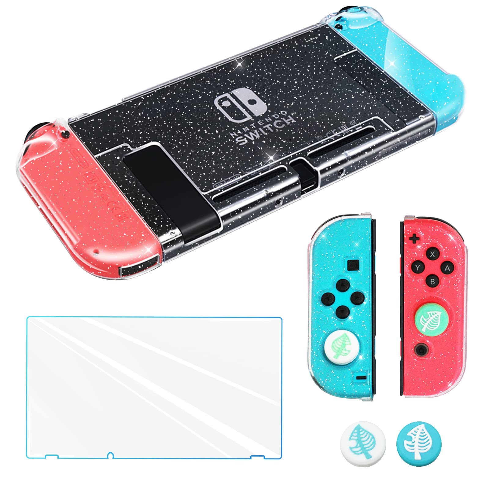 UCHIHA Dockable Case for Nintendo Switch - Glitter Case 3 in 1 Protective Cover Case for Nintendo Switch and Joy-Con Controller with Screen Protector and Thumb Grips - Crystal Clear Switch Case