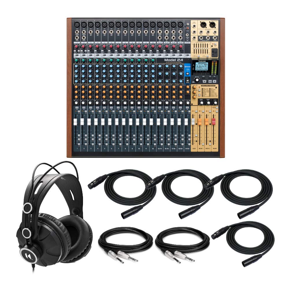 Tascam Model 24: 24-Channel Multitrack Recorder Bundle with Integrated USB Audio Interface and Analog Mixer with Studio Monitor Closed-Back Headphones, XLR Cables, and TRS Cables (8 Items)