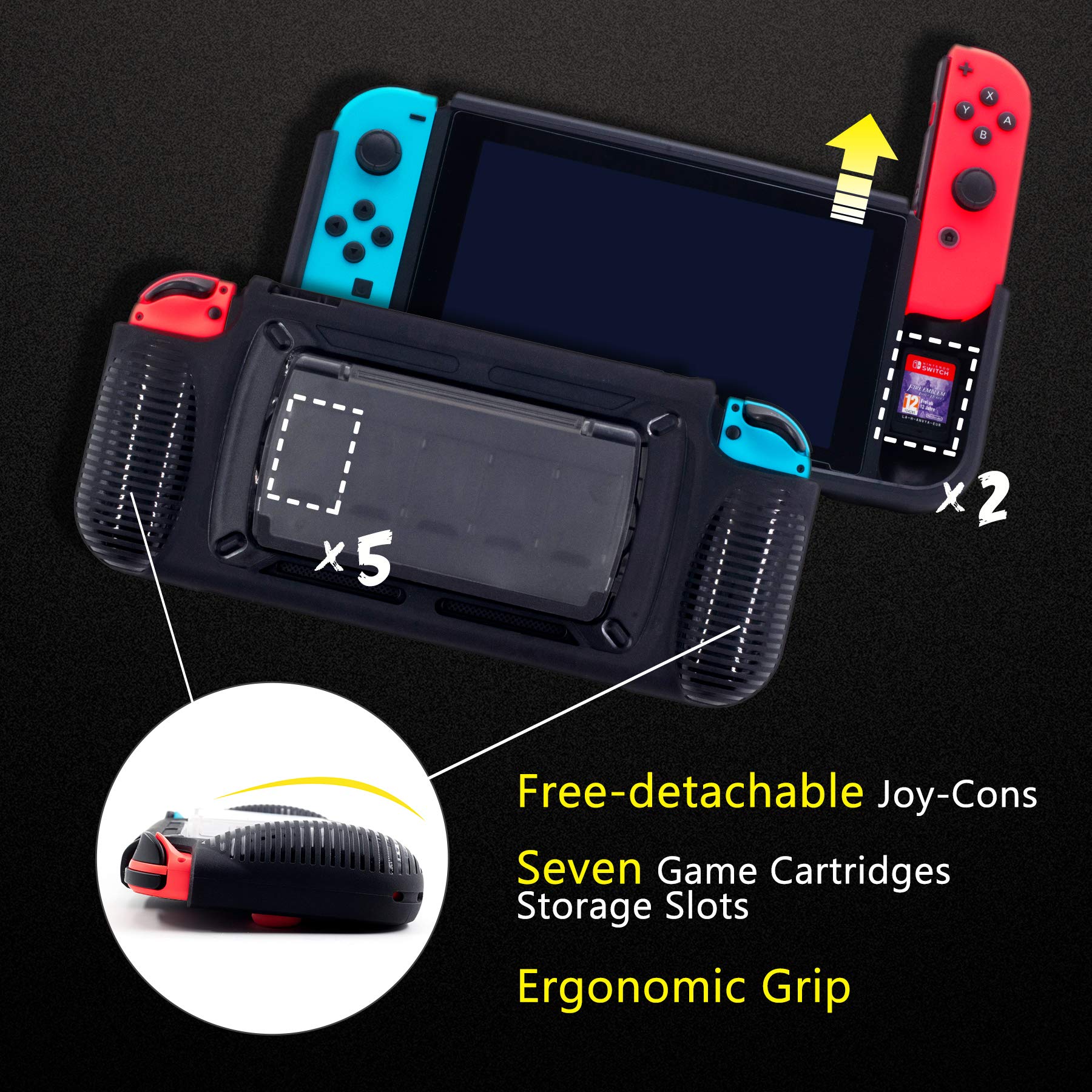 YUFANLI Protective Case for Nintendo Switch , Grip Case with 7 Storage Slots for Game Cards, Multi-Angle Adjustable Stand, Grip Cover with Shock-Absorption and Anti-Scratch Design