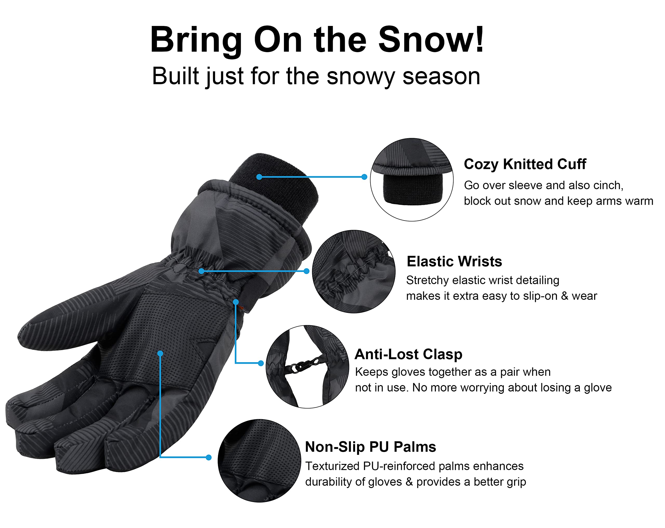 Simplicity Kids Boys Thinsulate Lined Waterproof Ski Winter Gloves, Black, L(10-12 Years)