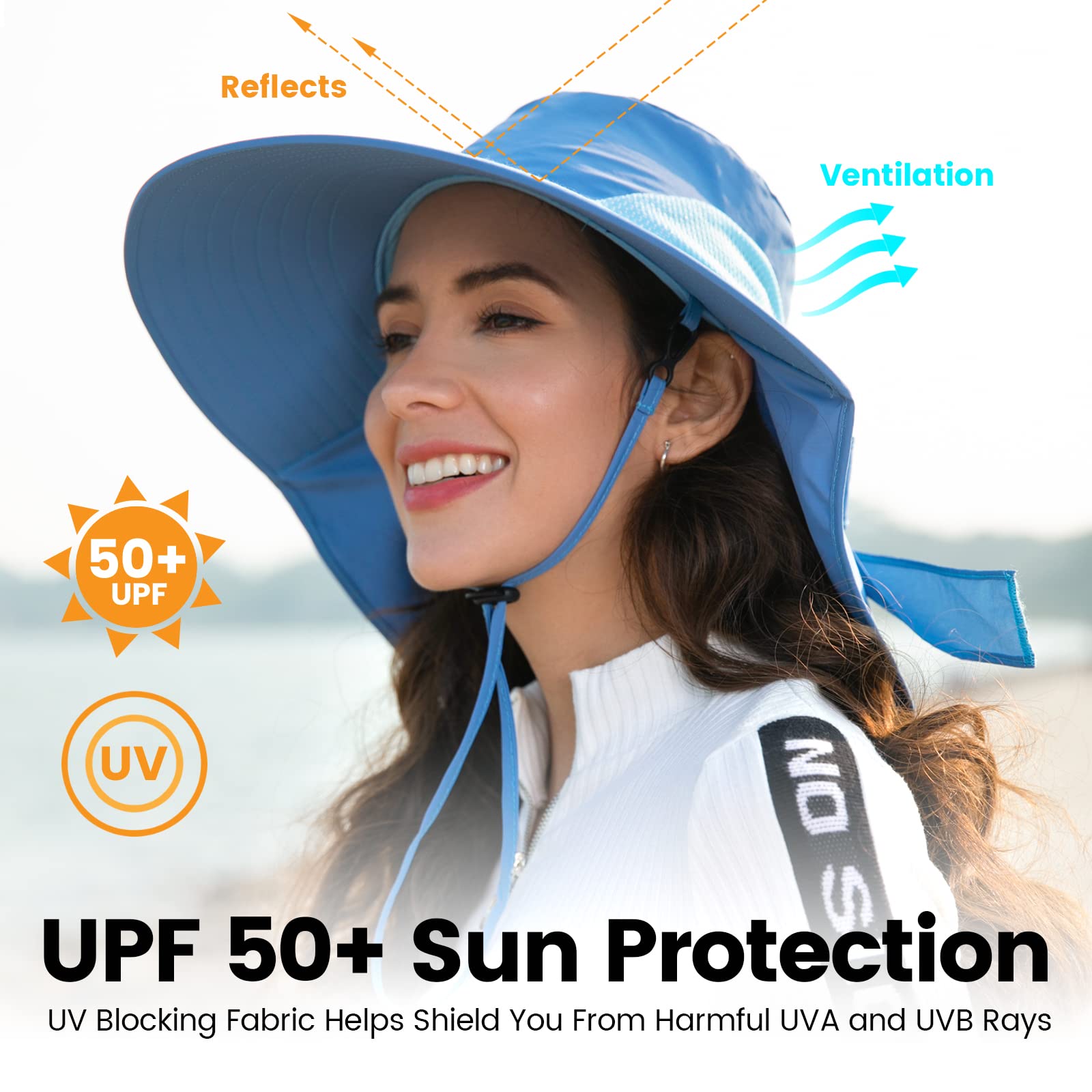Sun Hats for Women Foldable Flap Cover UPF 50+ UV Protective Wide Brim Bucket Sun Hat Khaki