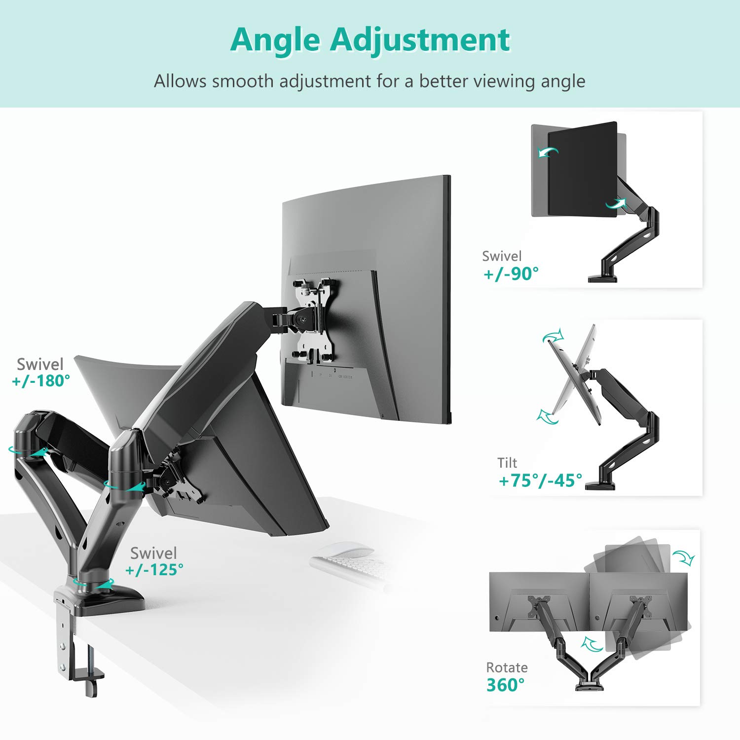 WALI Dual Monitor Stand Arms Mounts, for 2 Monitors, Fully Adjustable Gas Spring Desk Mount Swivel Mounting Holes Bracket with C Clamp, Grommet Base for Display Up to 32 Inch,19.8lbs. (GSMP002), Black
