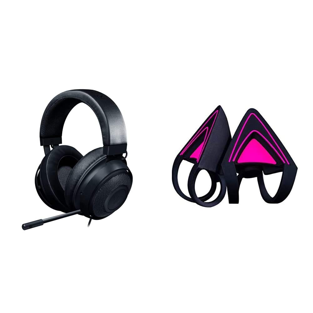Razer Kraken Over Ear Headset, Classic Black Retractable & Razer Kitty Ears On Ear Wireless Kitty Ears, Neon Purple