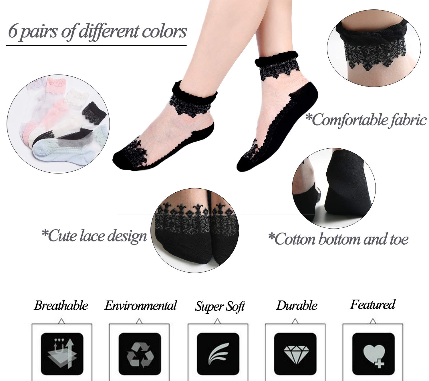 Women 6 Pairs Sheer Elastic Socks Soft Summer Transparent Lace Crystal Silky Hosiery Stockings (6pairs)