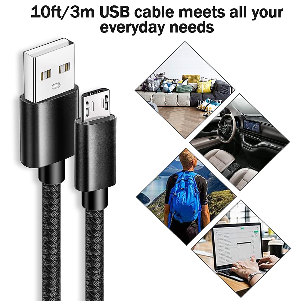UDATON Micro USB Cable, Android Charger, 3 Pack 10FT Long Nylon Braided Fast Charging Cable Compatible with Samsung Galaxy S7 S6 Edge S6, Android & Windows Smartphones - Black