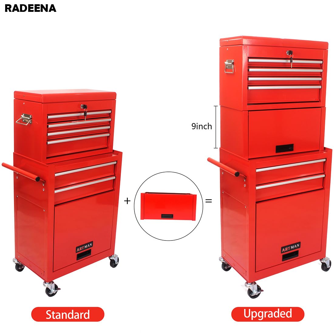 Rolling Tool Chest High Capacity Tool Storage 9 Drawers 3 in 1 Cabinets Mechanic Tool Cart with Auto Locking System Tool Box Organizer Lockable Wheels Detachable Top for Workshop (RED)