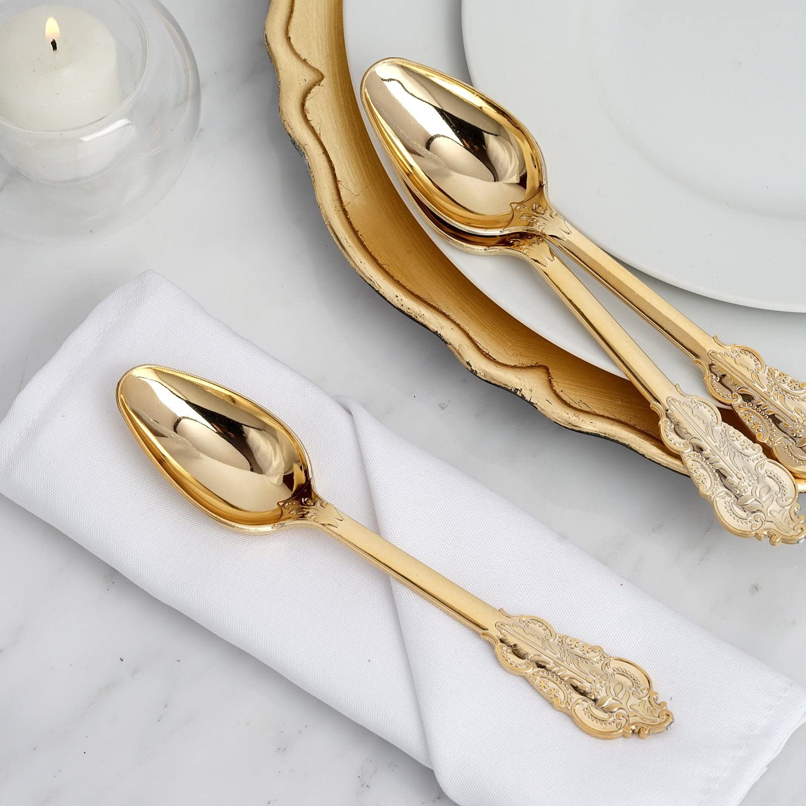 TABLECLOTHSFACTORY 24 Pack | 7" Metallic Gold Baroque Disposable Cutlery Plastic Spoons for Wedding Party Banquet Events Candy Buffet