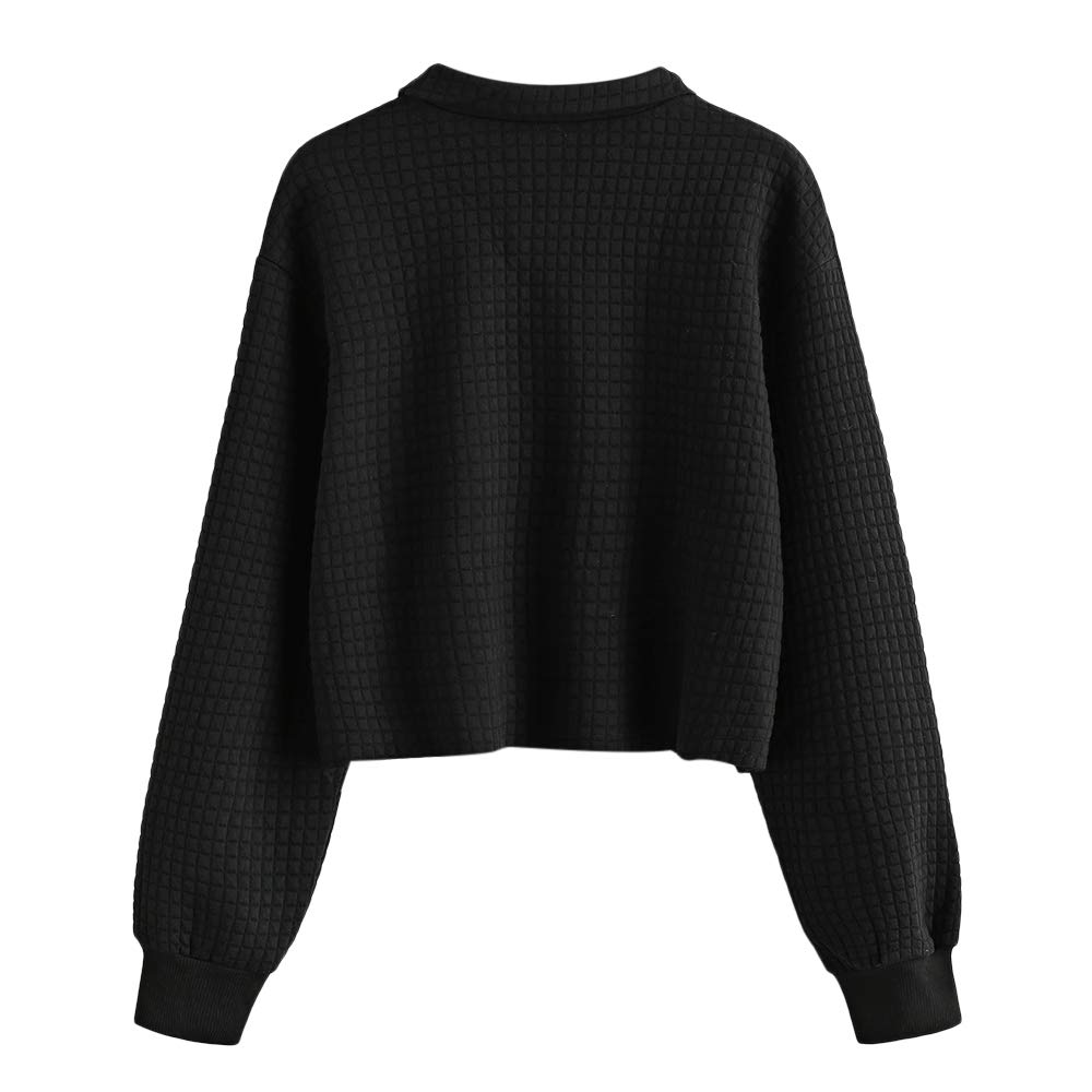 ZAFUL Women's Faux Fur Pullover Half Zip Long Sleeve Crop Sweatshirt Tops (X-Black, L)