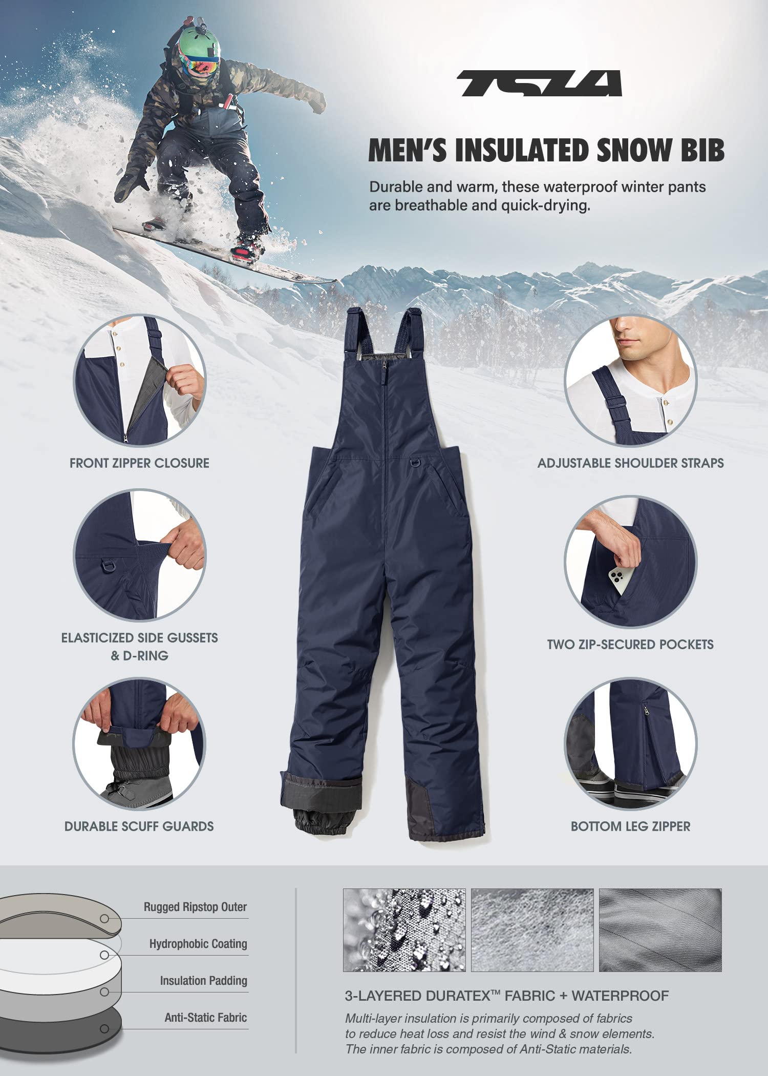 TSLA Men's Winter Snow Bibs, Waterproof Insulated Snowboard Overalls, Ripstop Windproof Ski Pants, Winter Ski Snow Overall Charcoal Blue, Large