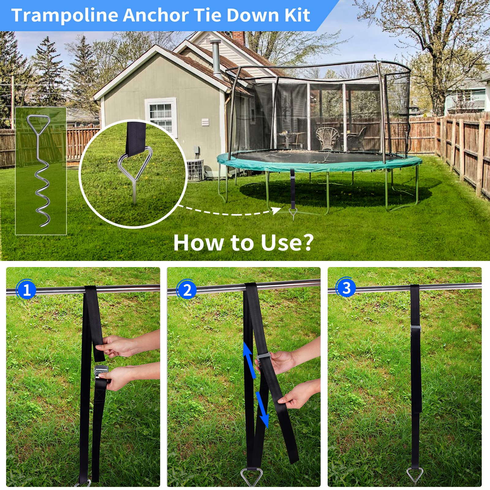 Uekars Trampoline Stakes, Corkscrew Shape Trampoline Anchor kit Steel Spiral Stakes,Heavy Duty Trampoline Parts Tie Down Kit Ground Wind Stake with Belt Straps for Trampolines Tents Swing Set of 4