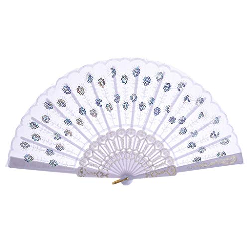 Xiaofeng214 Best Chinese Style Dance Wedding Party Lace Silk Folding Hand Held Flower Fan new330 (Color : White)