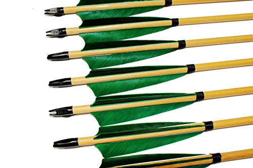 TTFLY FLETCHING 12PK 32 inch Traditional Wooden Arrows Handmade Shaft Green Shield Turkey Feather Practice Archery for Recurve Longbow Hunting Arrows