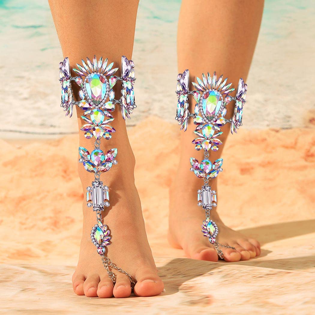 Woeoe Rhinestone Anklet Silver Crystal Barefoot Sandals Foot Chain Pearl Anklets Foot Chain Beach Foot Charm Jewelry for Women(silver)
