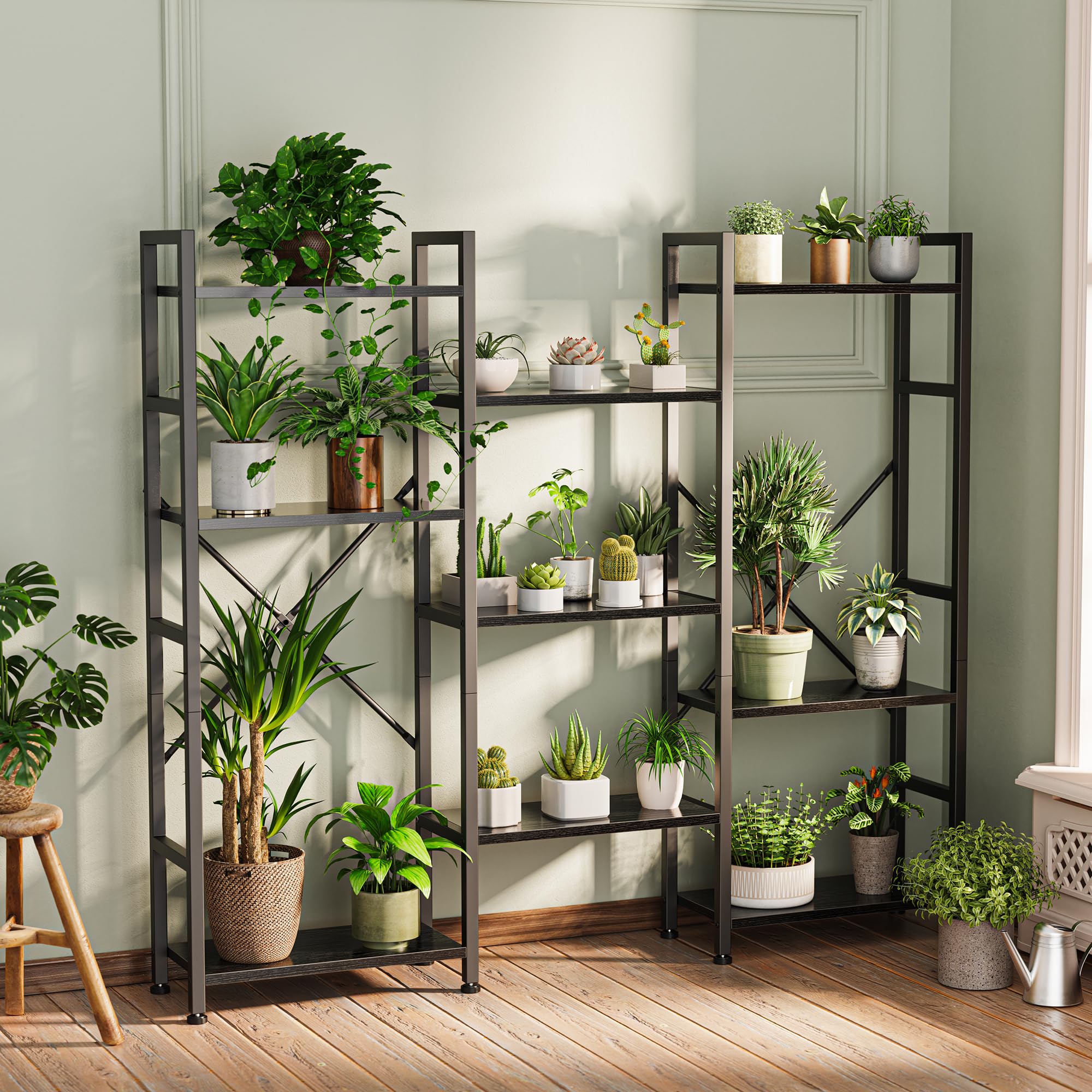 SUPERJARE Triple 5 Tier Bookshelf, Bookcase with 14 Open Display Shelves, Ladder Bookshelf, Wide Book Shelf Book Case with Steel Frame, Wood Board, for Home & Office, Dark Brown