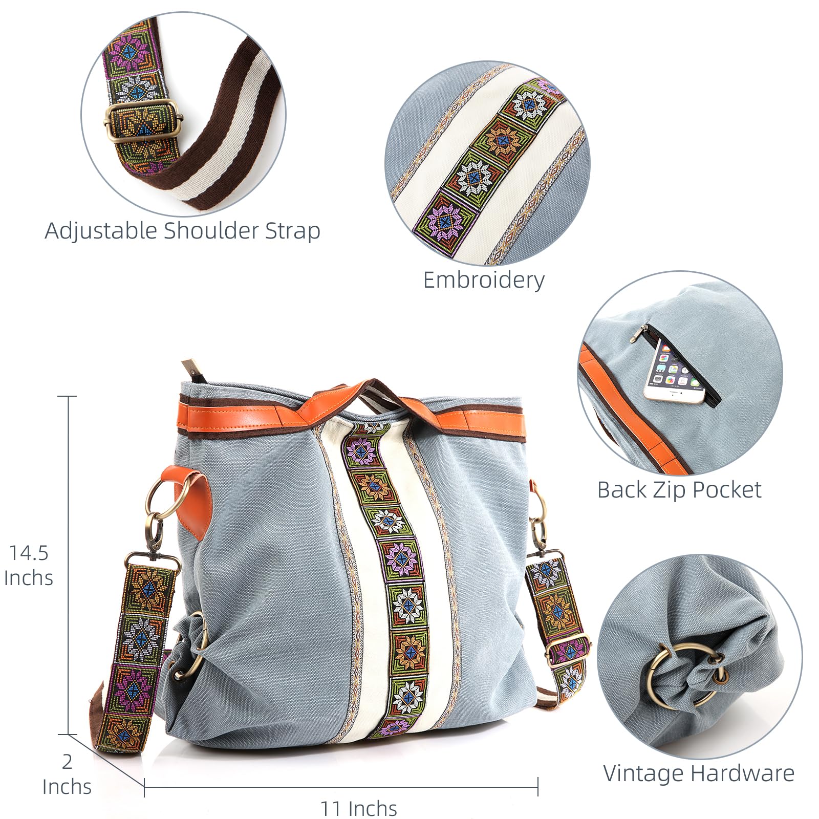 Women Canvas Crossbody Bag Shoulder Bag, Vintage Heavy-duty Tote Handbag (Light Blue) Medium