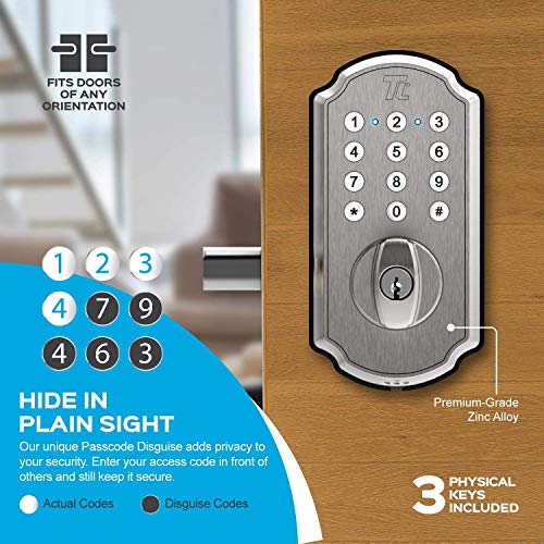 TURBOLOCK TL115 Smart Lock with Keypad and Voice Prompts | Digital Deadbolt w/App for Unlimited eKeys | Code Disguise, Backup Keys + Micro-USB Port β Ready for Thicker Doors (IP65) (Brushed Nickel)