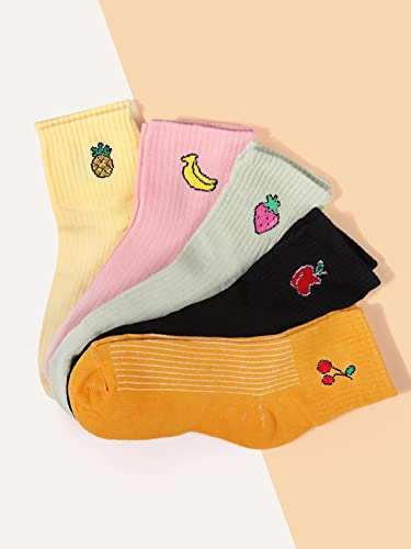 Verdusa Women's 5 Pairs Cute Printed Toe seamed Soft Crew Socks Fruit Print B one-size