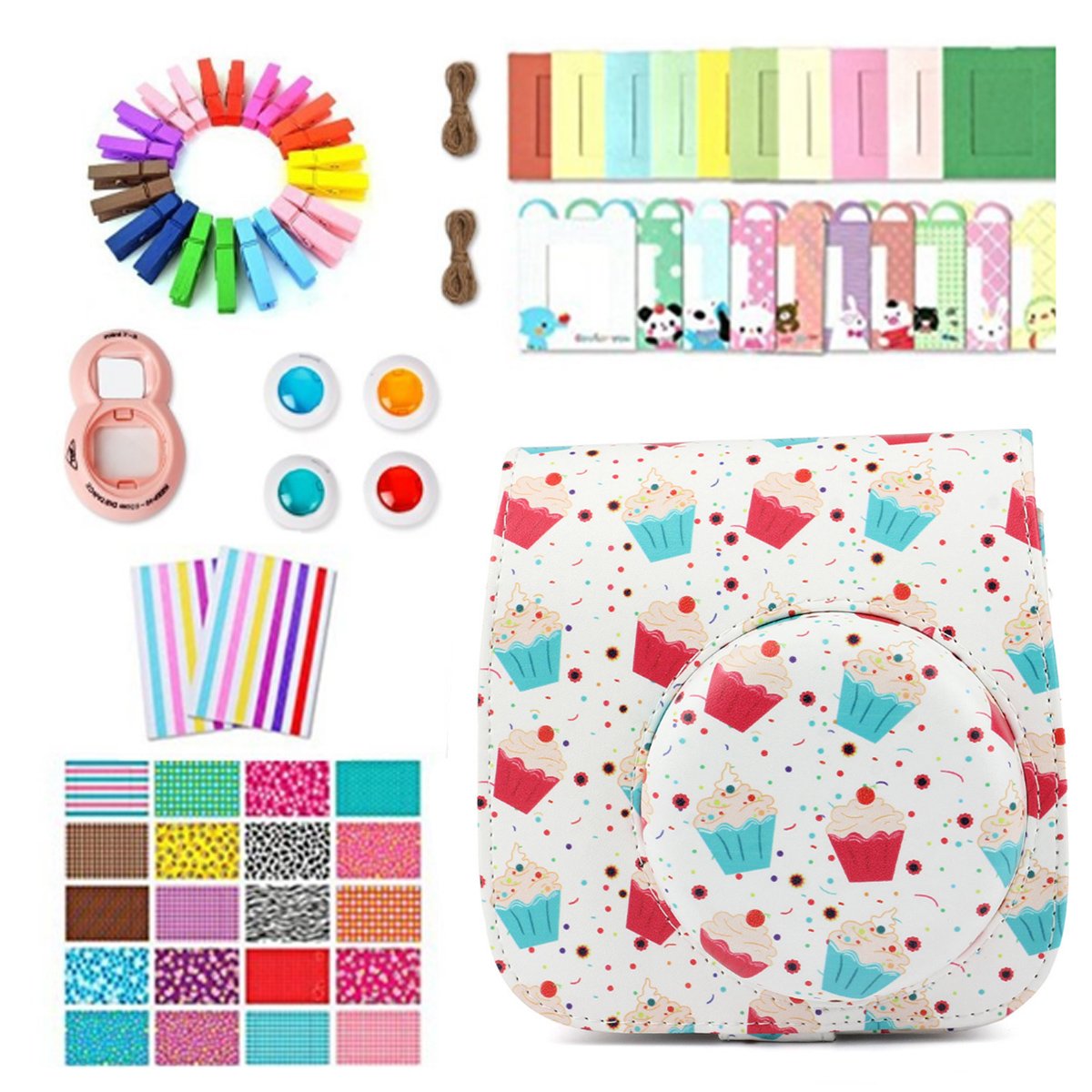 Uniuni 7 in 1 Accessories Bundles (Cupcake Case/Close-up Selfie Lens / 4 Colors Filters/Wall Hang Frames/Film Stickers/Corner sticker) For Fujifilm Instax Mini 8 8+ 9 Cameras