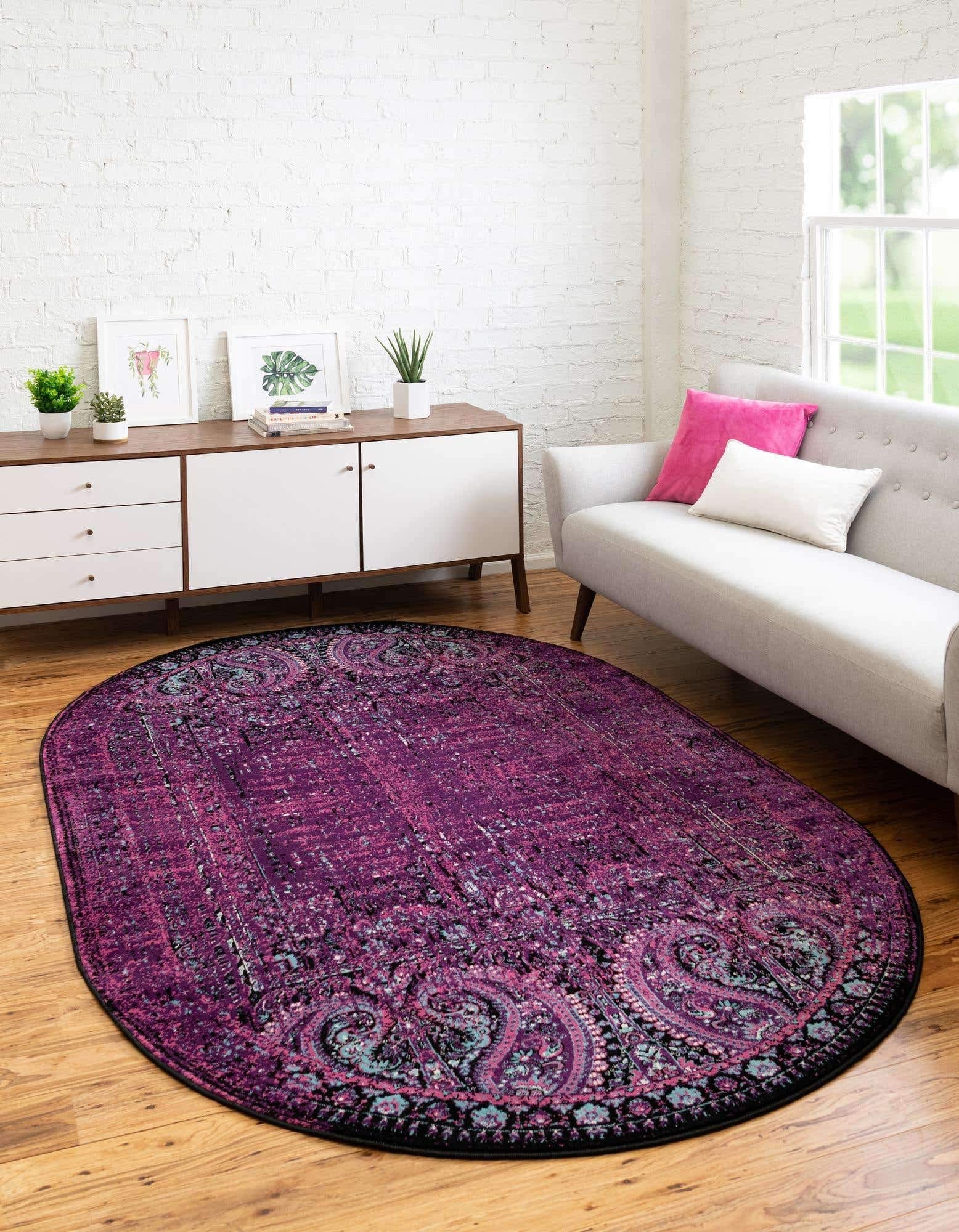 Unique Loom Imperial Collection Paisley, Distressed, Border, Vintage, Modern, Abstract Area Rug, 4 ft x 6 ft Oval, Lilac/Black