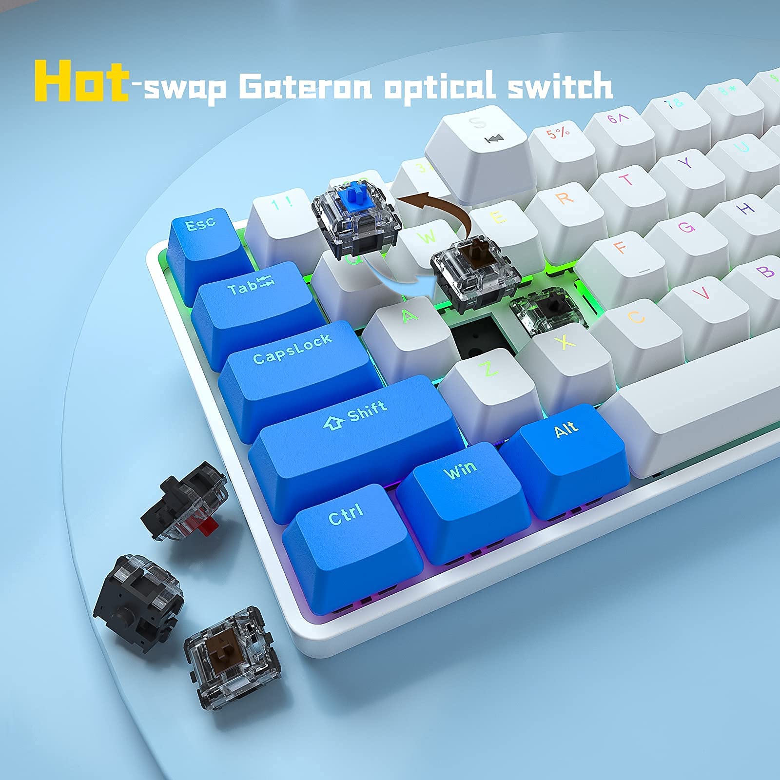 TMKB GK61 60% Wireless Keyboard Hot Swap Dual-Mode RGB Blacklit Audible Click Sound Mini Compact 61 Keys Mechanical Keyboard for PC/Mac Gamer Full-Key Programmable (Gateron Optical Brown Switch)
