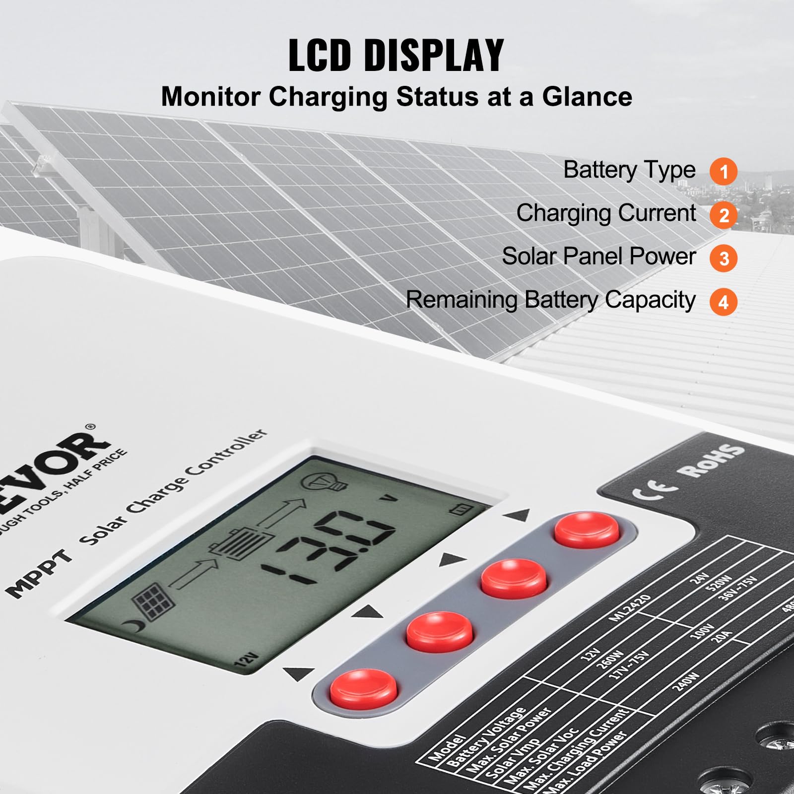 VEVOR MPPT Charge Controller 50 A Solar Charger Controller 12/24/36/48V Solar Controller Solar Panel Controller with LCD Screen High Efficiency for Gel Sealed Flooded Lithium Battery Charging