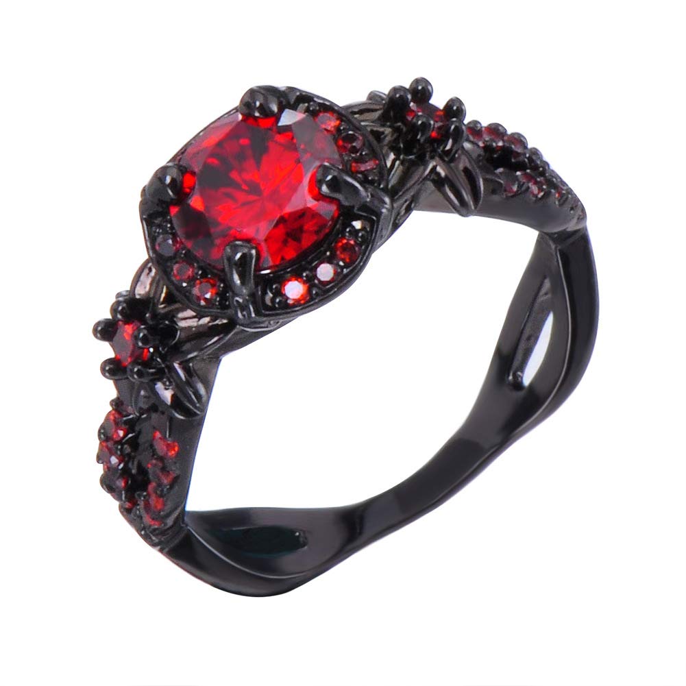 Womens Green Stone Round Lab Stone Engagement Wedding Best Friend Christmas Black Gold Plated Wedding Rings for Her Size 5-11 (Red, 11)
