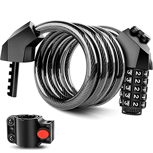 UFFD Bike Lock,5-Digit Resettable Combination Lock with Mounting, 4 Feet Self Coiling Bike Cable Lock Bracket for Bicycle1/2 Inch Diameter (Color : Black, Size : 1.2M)