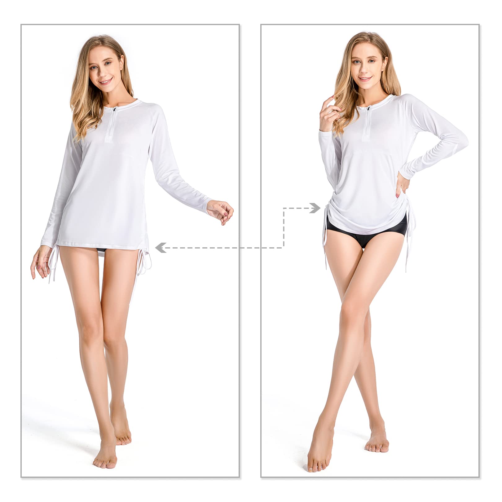 Women's Long Sleeve Rash Guard UV Sun Protection Shirts Half-Zip Side Adjustable Wetsuit Swimsuit Top White L