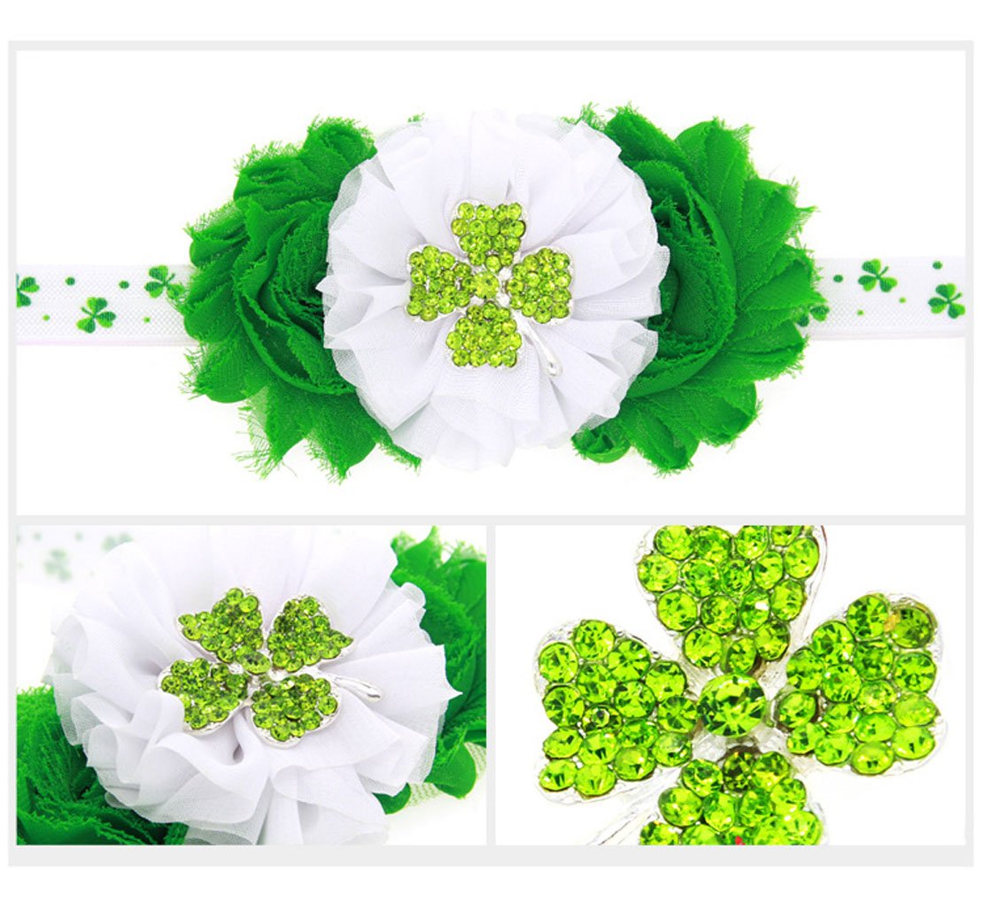 St. Patrick's Day Headband Baby Four Leaf Green Clover Flower Hair Bow Band JHSP06 (B)