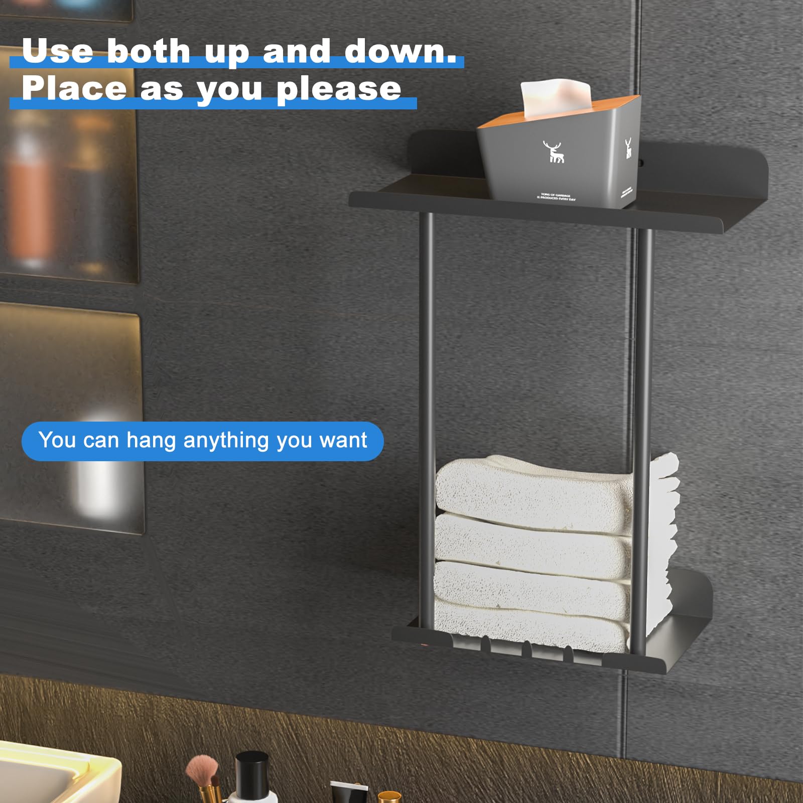 Towel Racks Towel Storage Organizer for Bathroom Wall Mounted, Adjustable Metal Towel Holder for Rolled Bath Towels, Face Towels, Hand Towels, Washcloths