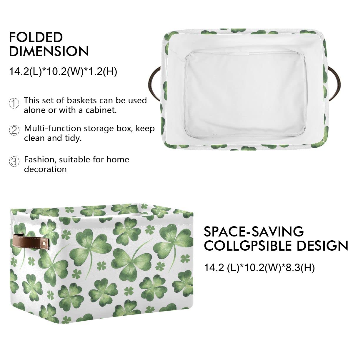 St. Patrick's Day Clover Shamrock Storage Basket Fabric Laundry Baskets Happy Patricks Day Accessories Storage Boxes Organizer Bag for Baby Cloth Dog Toy Book Storage Cubes Shelf Closet Bins 16×12×8