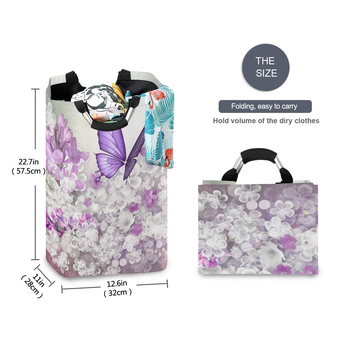 senya Butterflies Flowers Purple Large Storage Basket Collapsible Organizer Bin Laundry Hamper for Nursery Clothes Toys