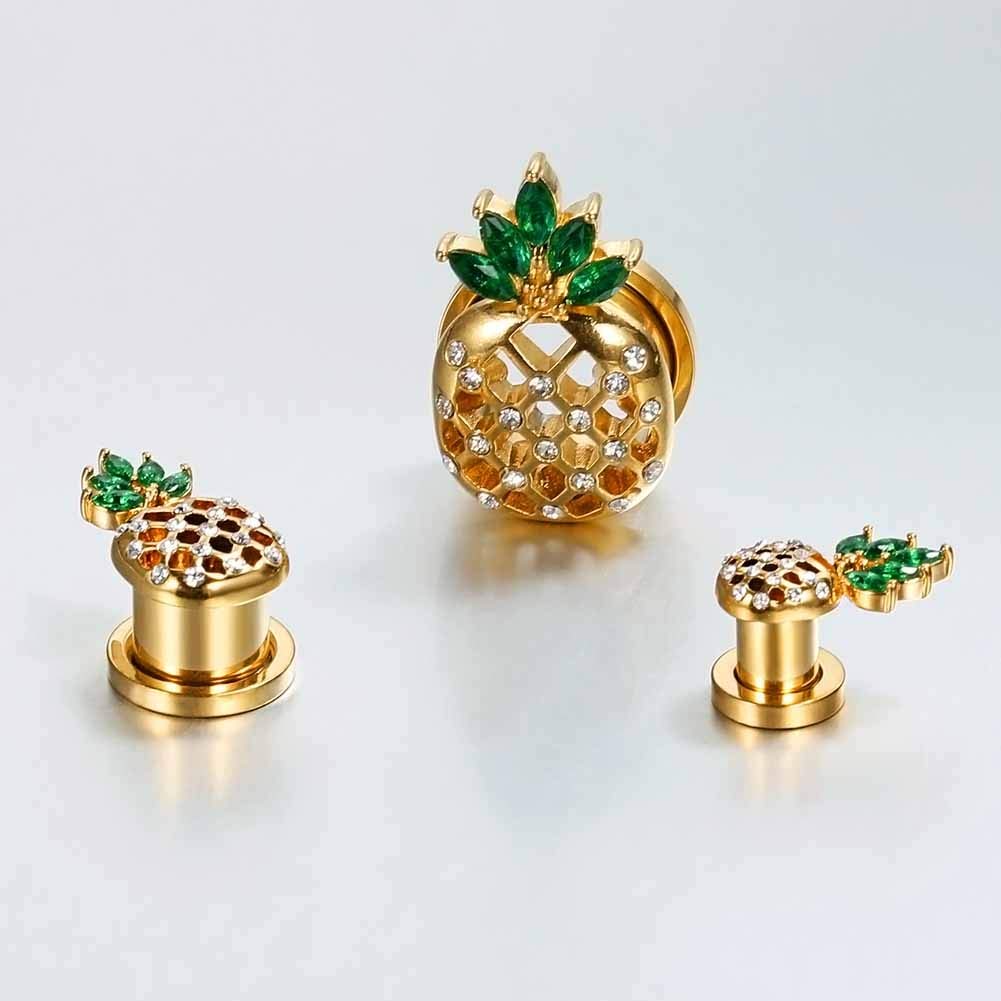TBOSEN Stainless Steel Screw Gold Pineapple Ear Gauges Plugs Tunnels Expander Body Piercing 2 PCS