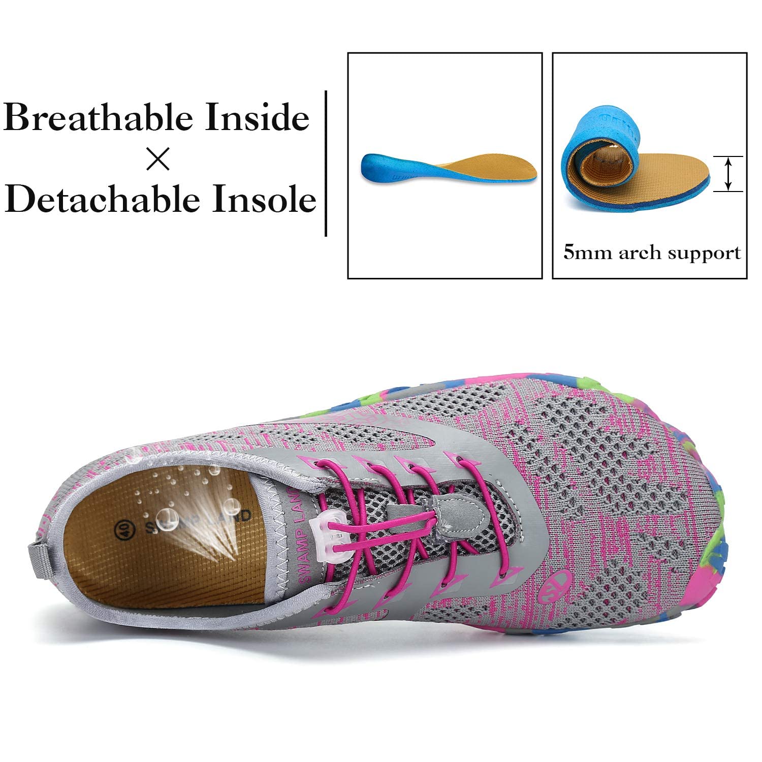 Womens Barefoot Gym Running Walking Trail Beach Hiking Water Shoes Aqua Sports Pool Surf Waterfall Climbing Quick Dry Grey/Pink