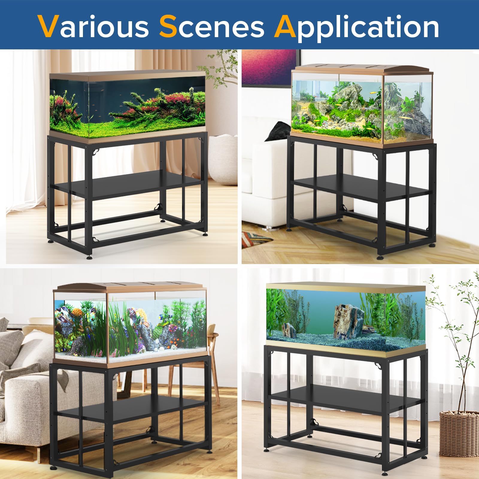 Tocretoare Fish Tank Stand 40 Gallon, Metal Aquarium Stand, Double-Layer Storage Design, Suitable for Home and Office Use, 660LBS Capacity, Black (Tank not Included) (SKU000671)