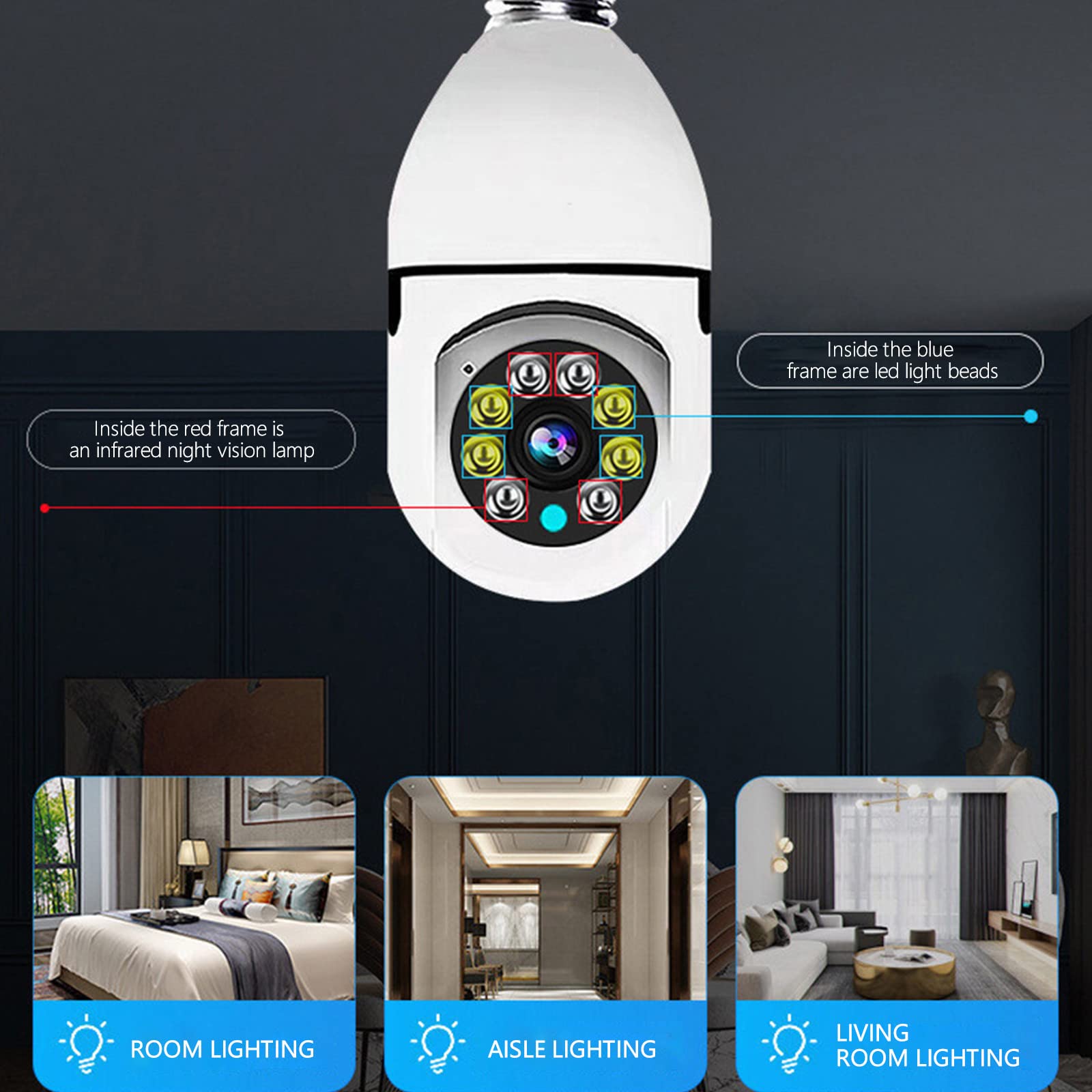 Wenini 5Ghz Wireless Lights Bulb Camera - 1080P Pan Tilt Wireless Cam 360° Panoramic IP Camera, E27 WiFi Security Cameras with LED HD Night Vision Human Motion Detection and Alarm Two-Way, White