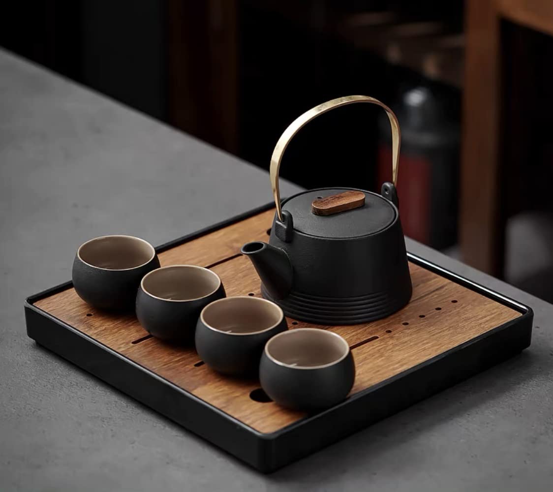 TRENDVEI Japanese Coarse Pottery Tea Set, Chinese Kungfu Loop-Handled Teapot with Infuser, 4 Cups and 1 Tea Tray